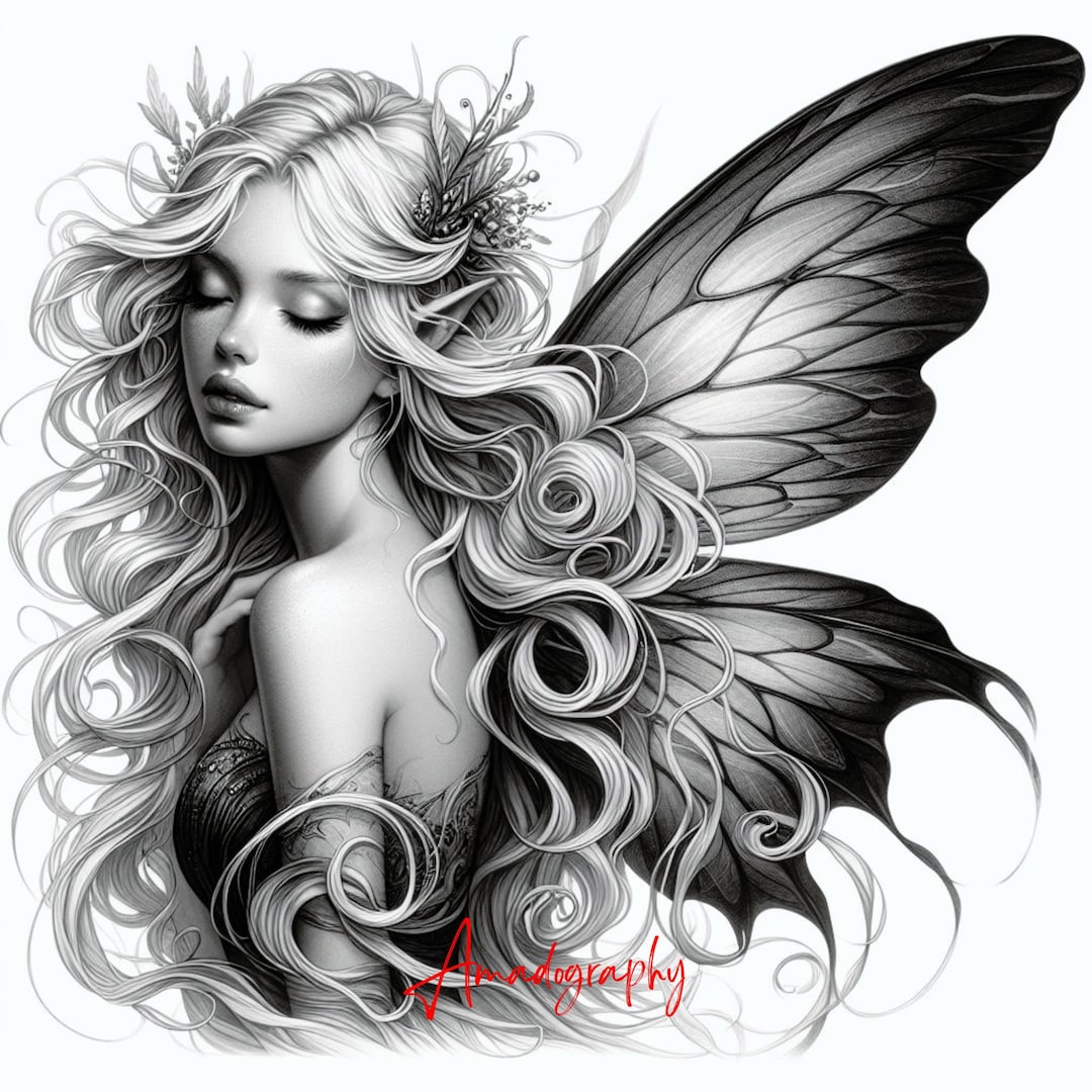 Fairy Girl Coloring Pages - Grayscale Forest Printable (instant ...