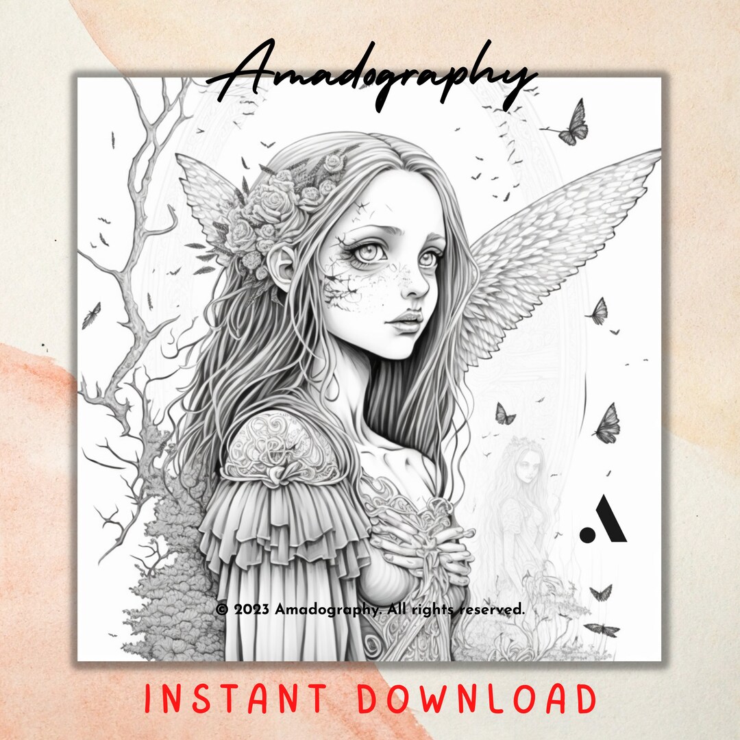 Grayscale Fairy Girl Portrait Coloring Page Printable Adult Coloring ...