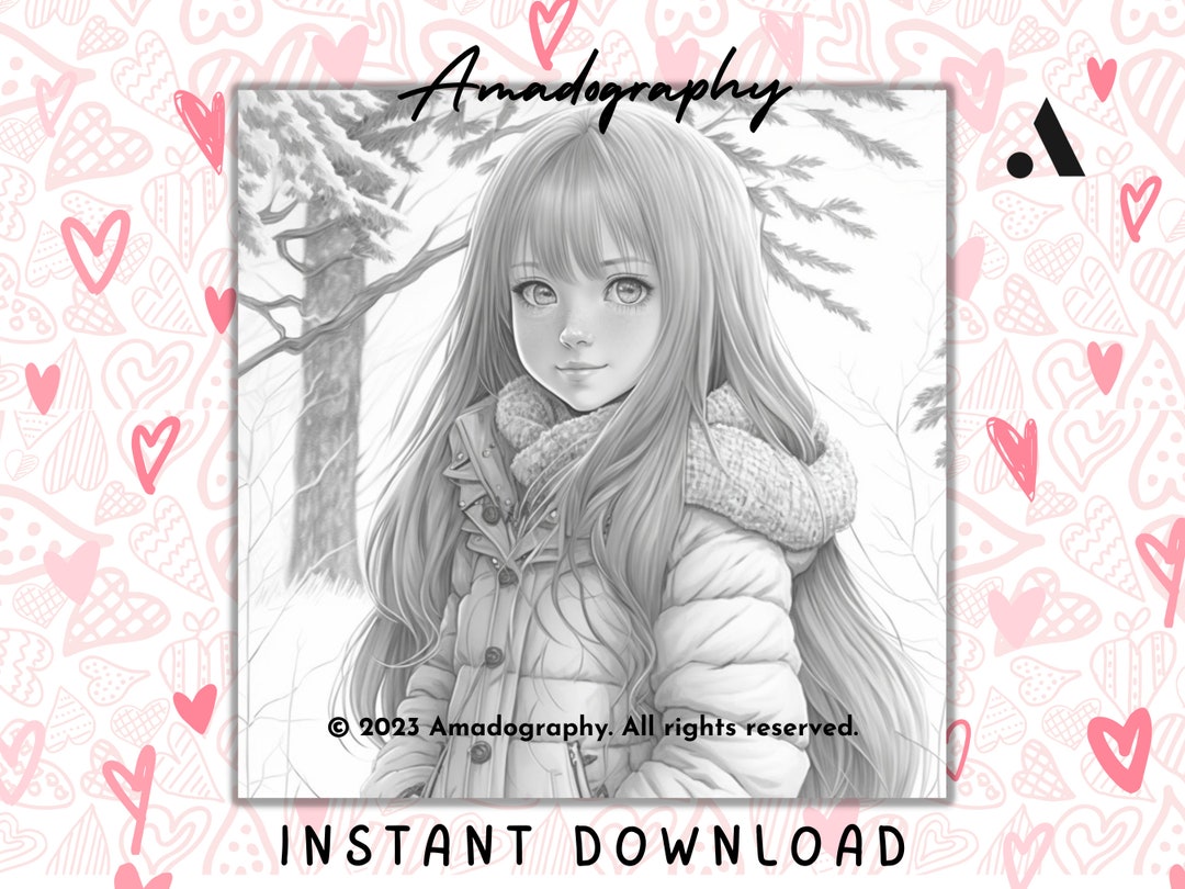 Anime Winter Cute Girl Portrait Coloring Page Printable Adult Coloring ...