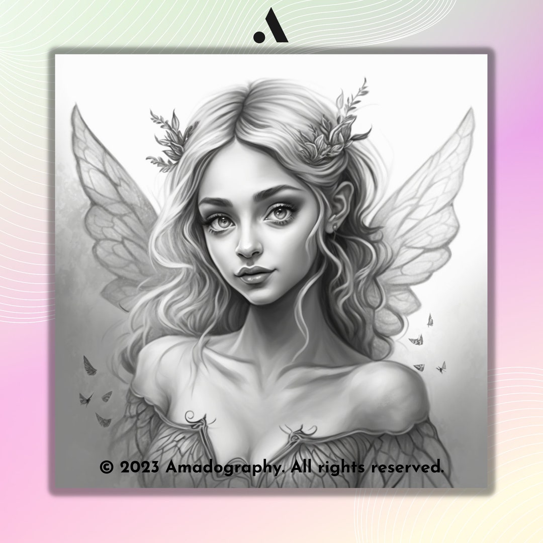 Delicate Fairy Grayscale Princess Art Coloring Page Printable Adult ...