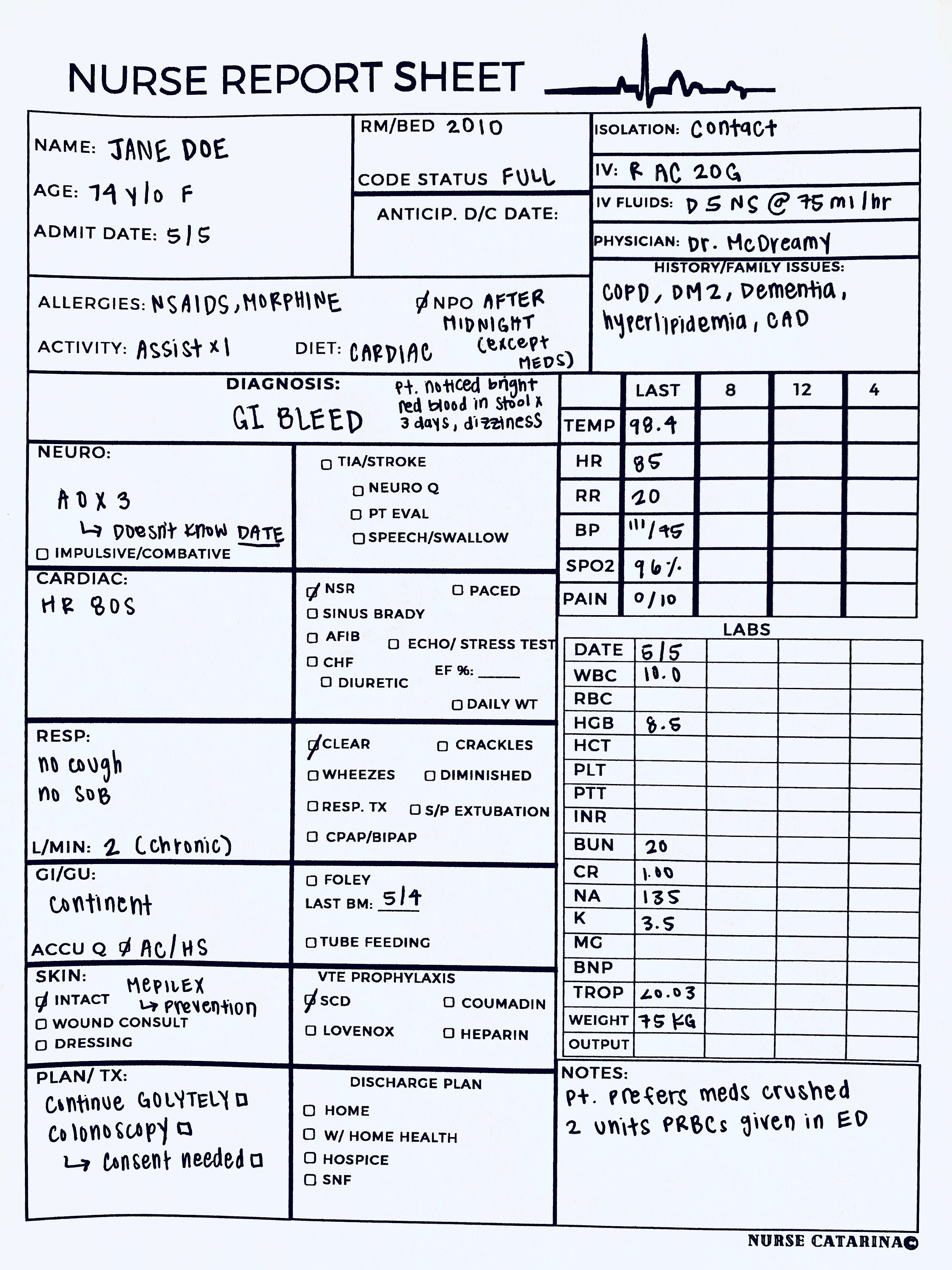 Nurse Report Sheet-med/surg/telemetry - Etsy