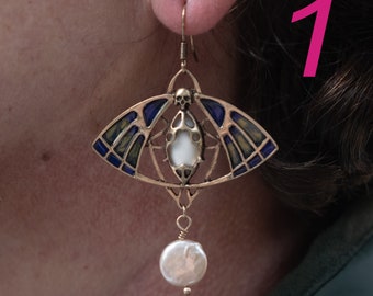 Goth Moth Skull Fly Insect Scarab Art Deco Antique Style Cultured Freshwater Pearl Lever Back ...