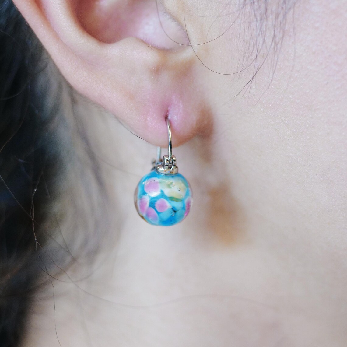 Artisan Hand Blown Glass Ball Earrings Gold / Silver Plated Blue Floral ...