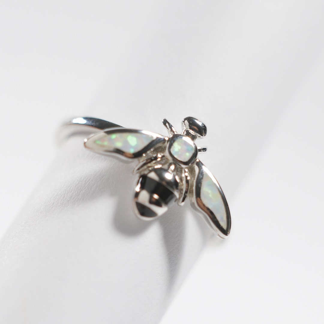 Honey Bee Ring 925 Sterling Silver Ring Lab Grown Opal White Opal Bee ...
