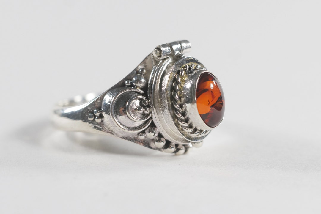 Amber Poison Ring 925 Sterling Silver Locket Ring Secret Compartment ...