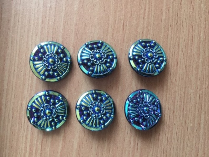 6 X Czech Vintage Crystal Glass Buttons With Blue/purple Iridescent ...