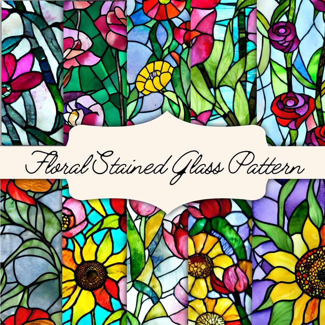 10 Stained Glass Digital Paper, Floral Stained Glass Pattern, Seamless ...