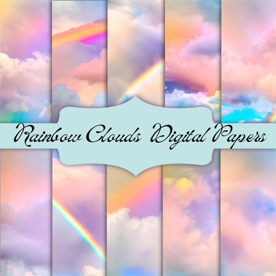 Rainbow Digital Paper, Rainbow Cloudy Skies Digital Paper, Cloud ...