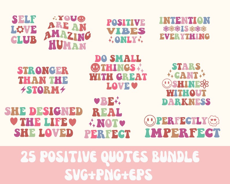 25 Positive Affirmations, Groovy Svg, Retro Motivational Bundle Svg ...