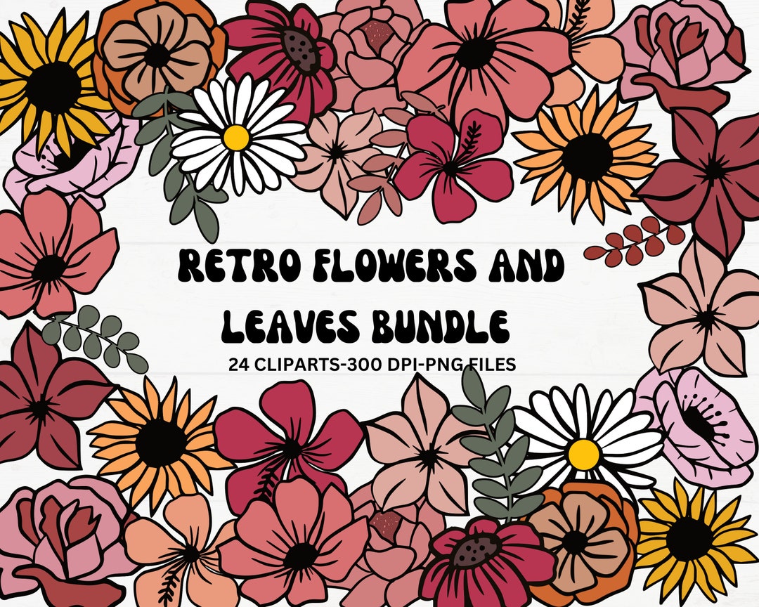 Retro Flowers Clipart, Boho Floral Clipart, Retro Clipart, Boho Clipart ...