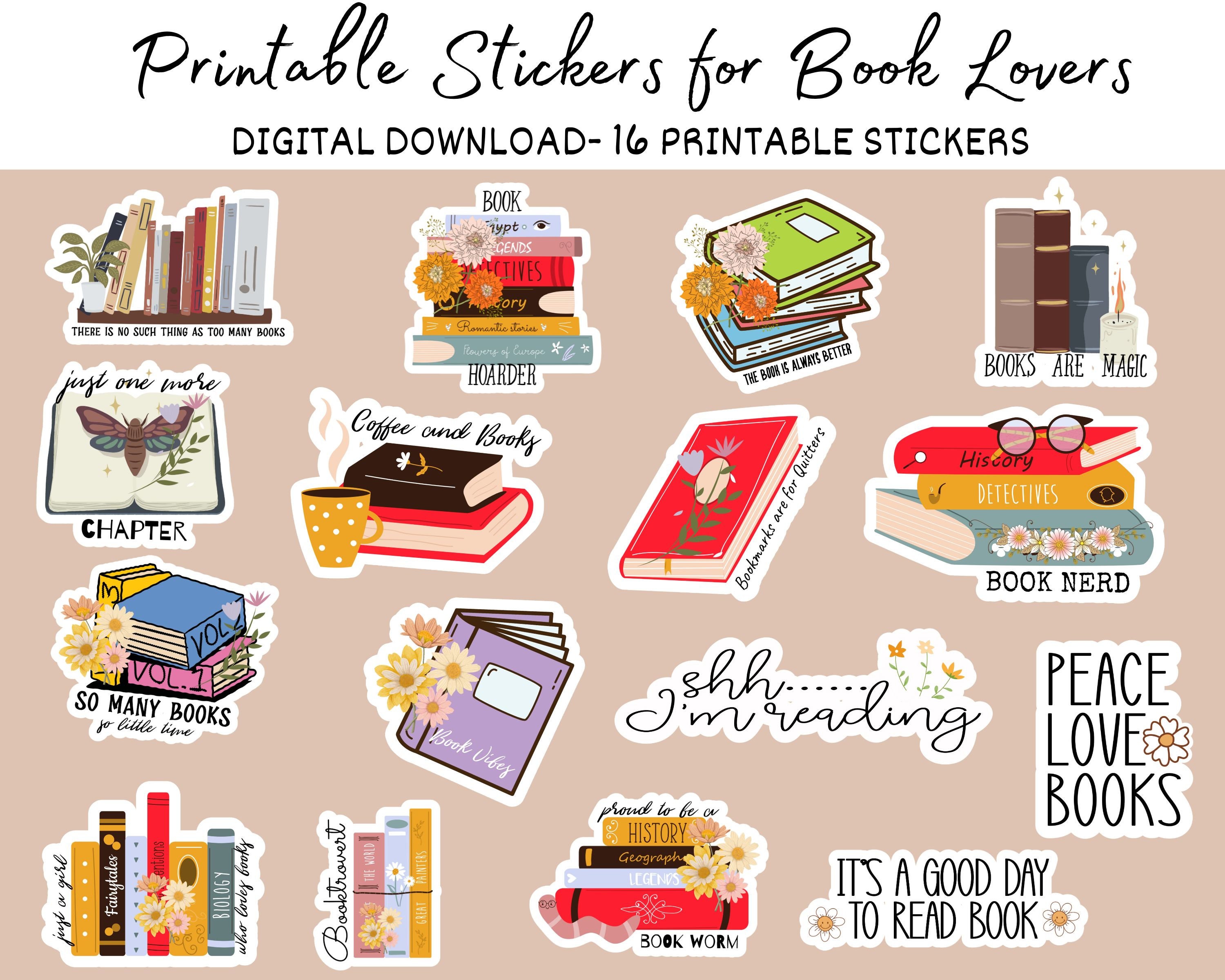 Printable Book Lover Stickers, Digital Stickers, PNG Stickers ,print ...