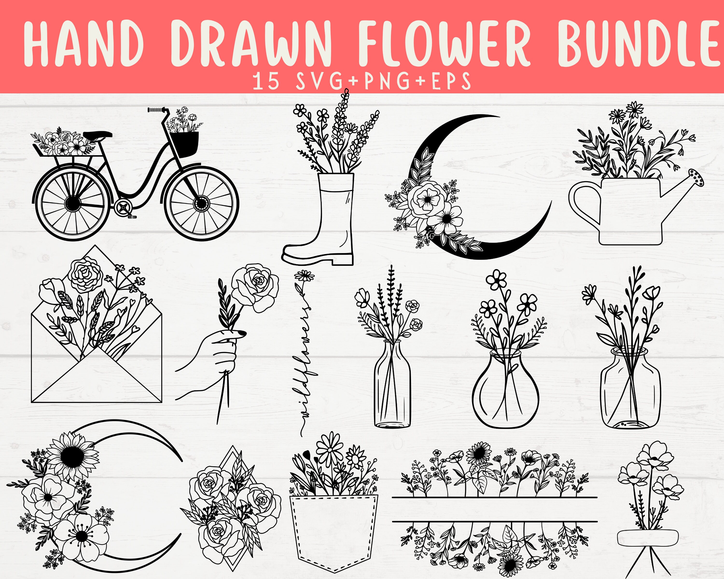 Flower Bundle, Floral Svg Bundle, Flower Svg, Wildflower Svg, Bouquet ...