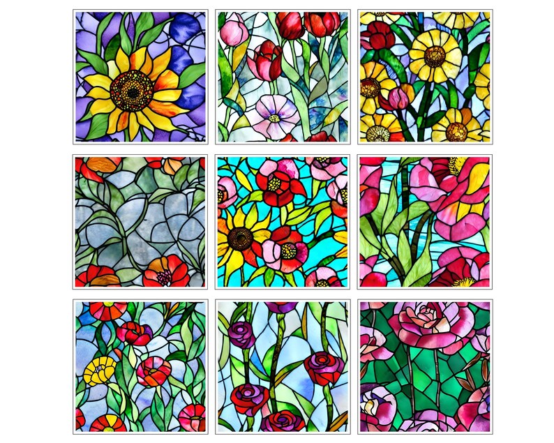 10 Stained Glass Digital Paper, Floral Stained Glass Pattern, Seamless ...