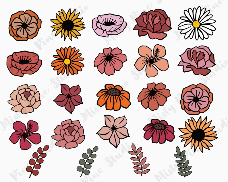Retro Flowers Clipart, Boho Floral Clipart, Retro Clipart, Boho Clipart ...