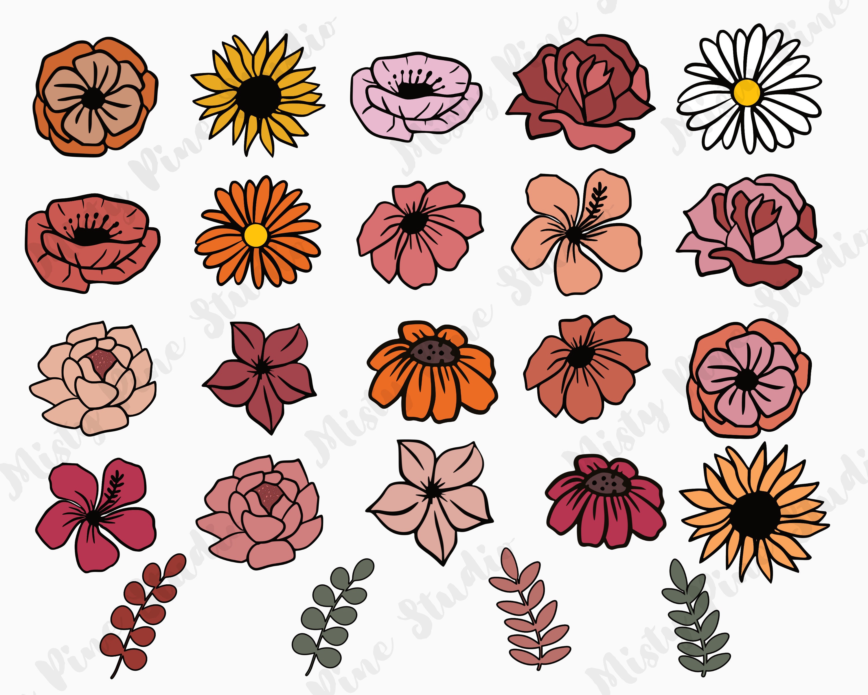 Retro Flowers Clipart, Boho Floral Clipart, Retro Clipart, Boho Clipart ...
