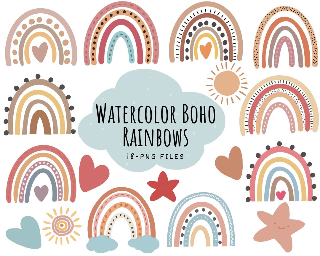 Watercolor Boho Rainbow Clipart - Watercolor Pastel Rainbow Clipart ...