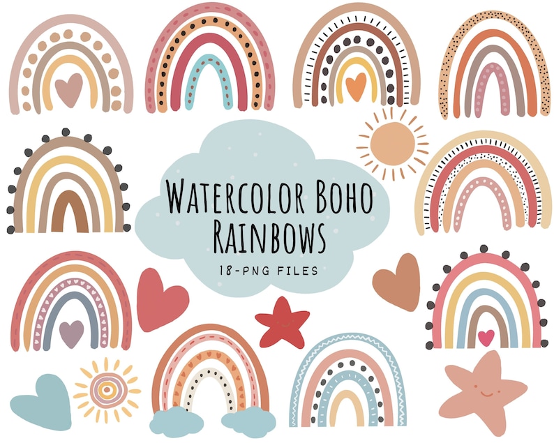 Watercolor Boho Rainbow Clipart Watercolor Pastel Rainbow - Etsy