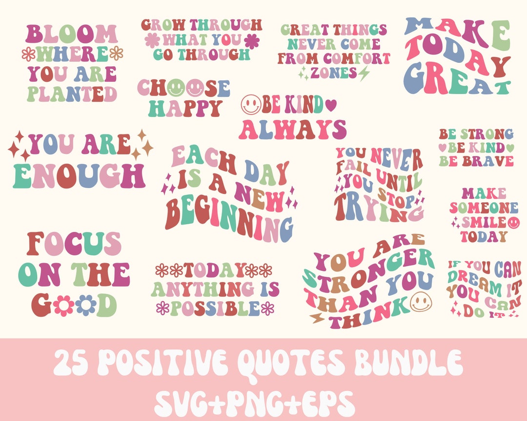 25 Positive Affirmations, Groovy Svg, Retro Motivational Bundle Svg ...