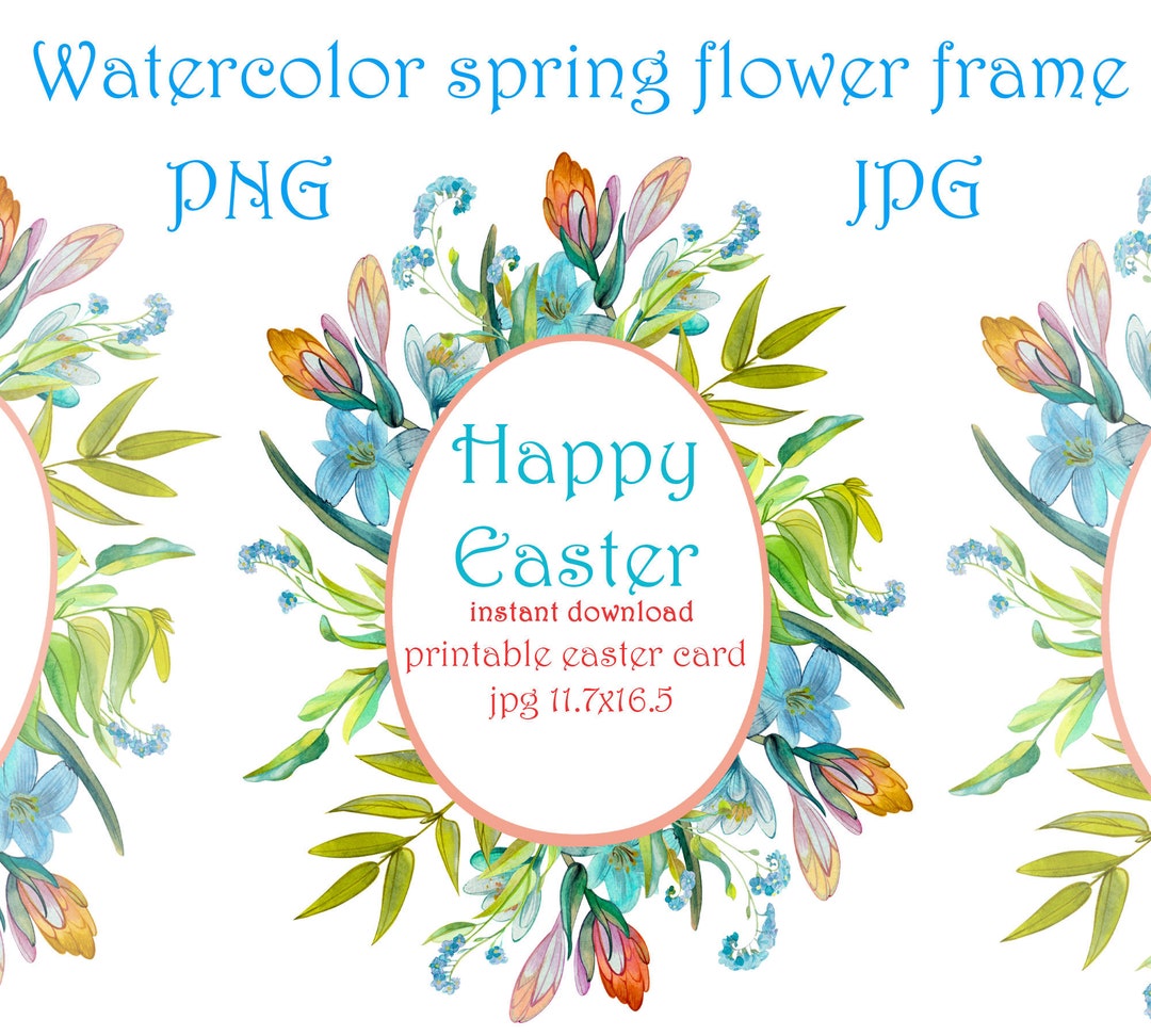 Easter Floral Wreath Clipart, Watercolor Easter Card Printable, Happy ...
