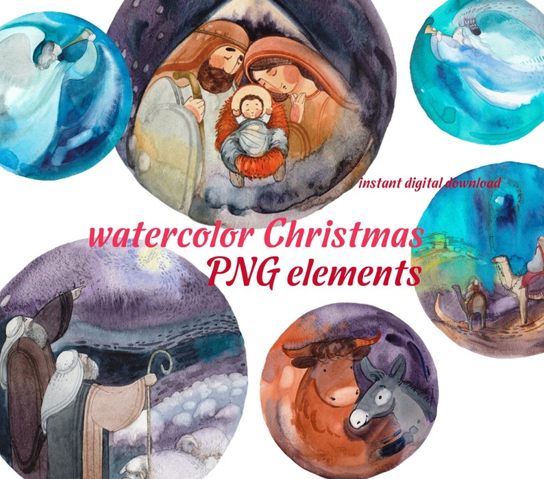 Watercolor PNG Christmas Scenes Digital Download, for Christian Cards ...