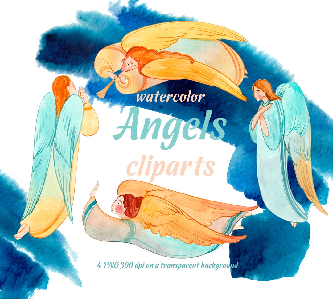 Angels Cliparts, 4 PNG, Hand Drawn Watercolor Angel: Singing Angel ...