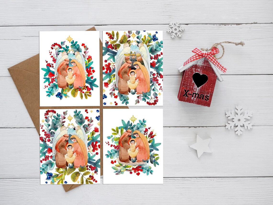 Christmas Nativity Cards Pack Printable, Hand-drawn Christian Cards ...