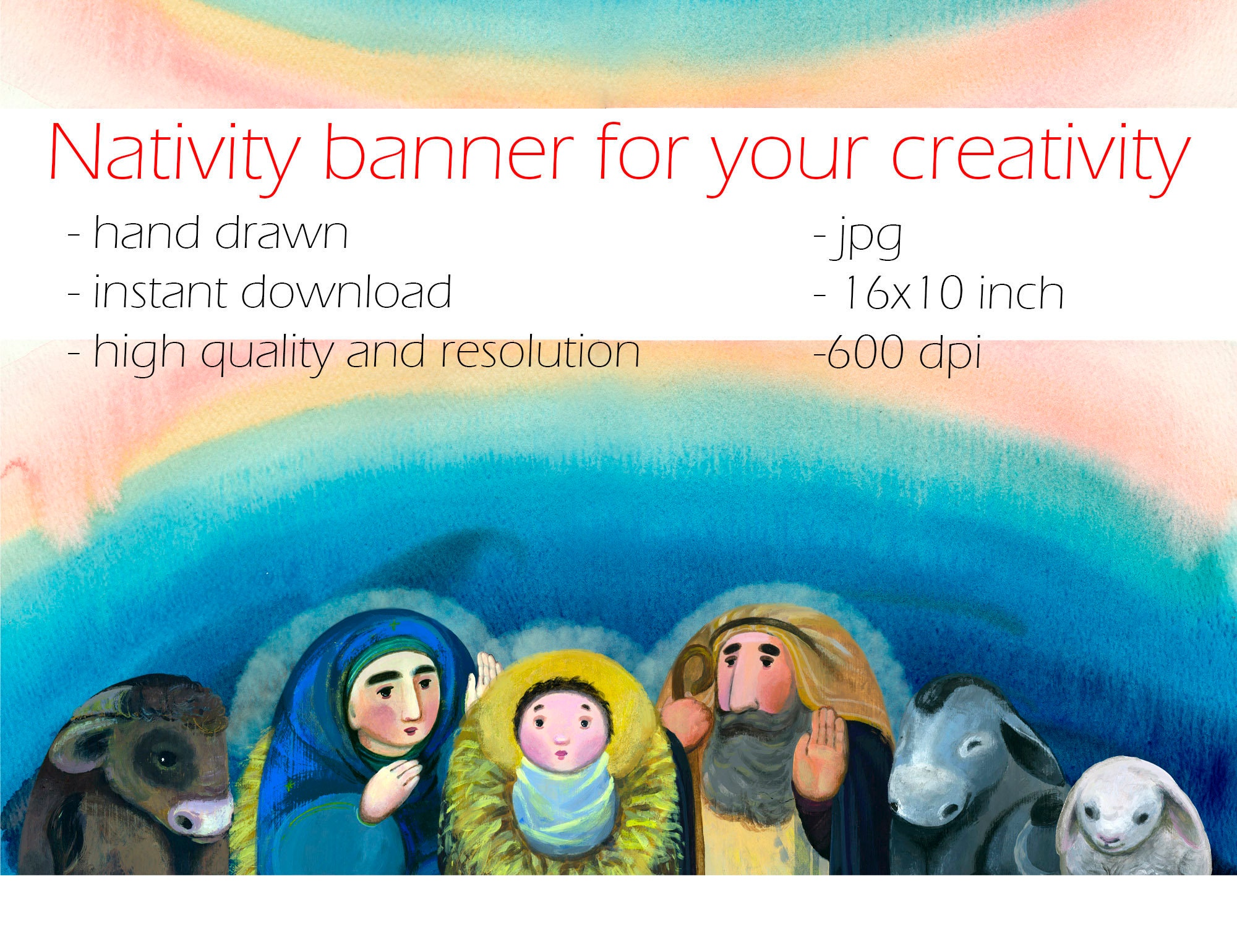 Nativity Banner for Your Creativity, Hand Drawn Watercolor Christmas ...