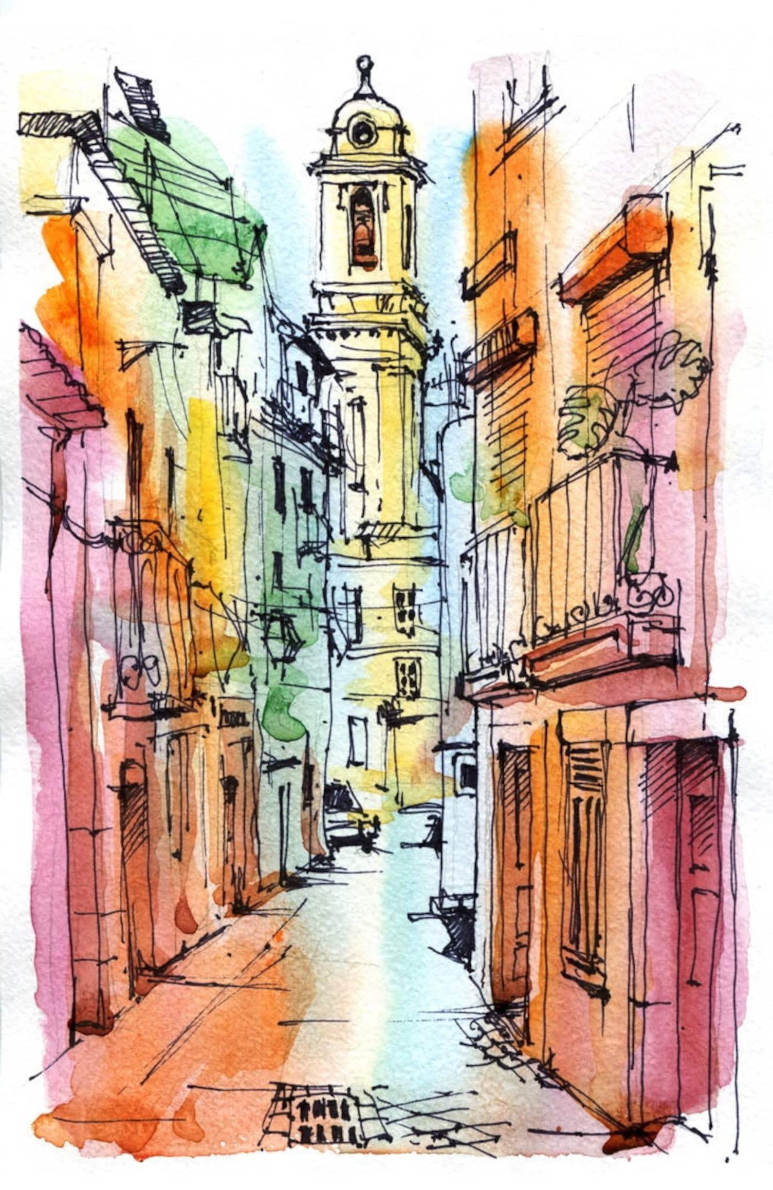Lisbon Print Travel Sketch Lisbon Cityscape Watercolor - Etsy