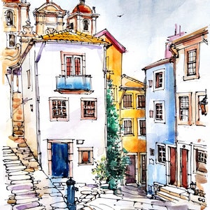 Lisbon Print, Lisbon Cityscape, Travel Sketch, Watercolor Painting, Art ...