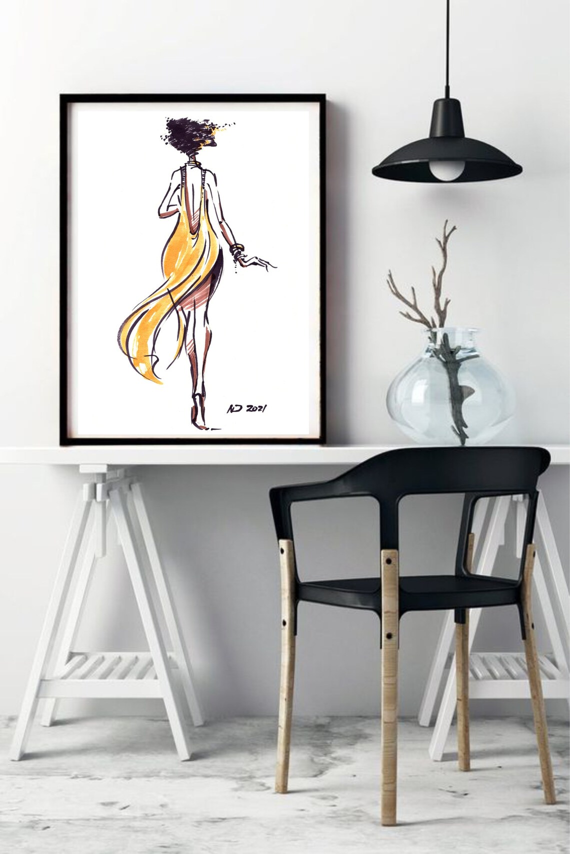 Woman in Yellow Print, Female Shape Art, Woman Illustration, Female ...