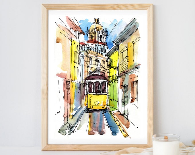 Lisbon Print, Lisbon Cityscape, Travel Sketch, Watercolor Painting, Art ...