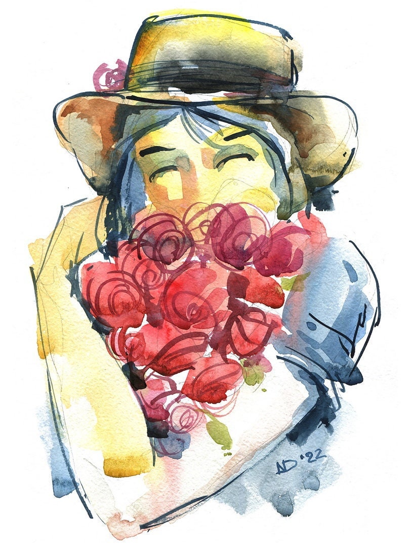 Watercolor Girl With a Bouquet of Flowers, Gift for Flowers Lover ...