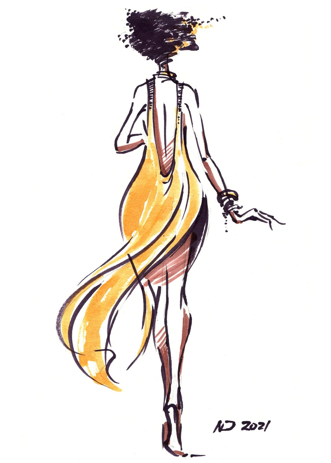Woman in Yellow Print, Female Shape Art, Woman Illustration, Female ...