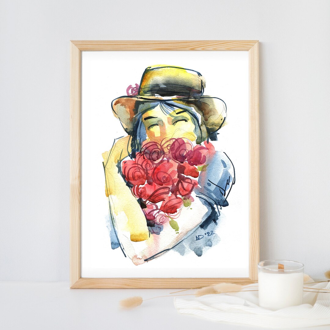 Watercolor Girl With a Bouquet of Flowers, Gift for Flowers Lover ...