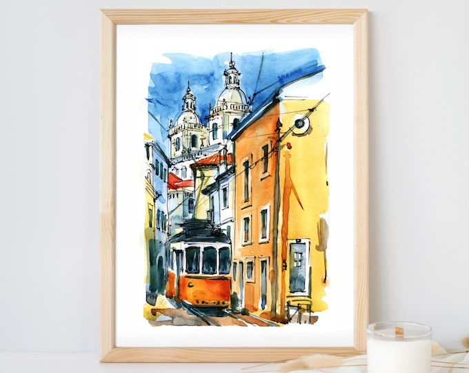 Lisbon Print, Lisbon Cityscape, Travel Sketch, Watercolor Painting, Art ...