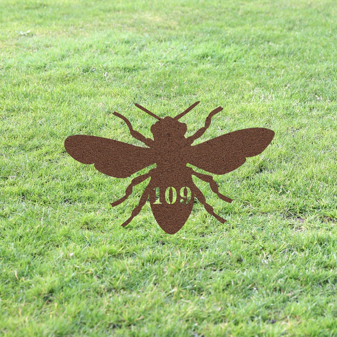 Bee House Number Sign Yard Address Plaque Garden Lawn Stake Metal Last ...