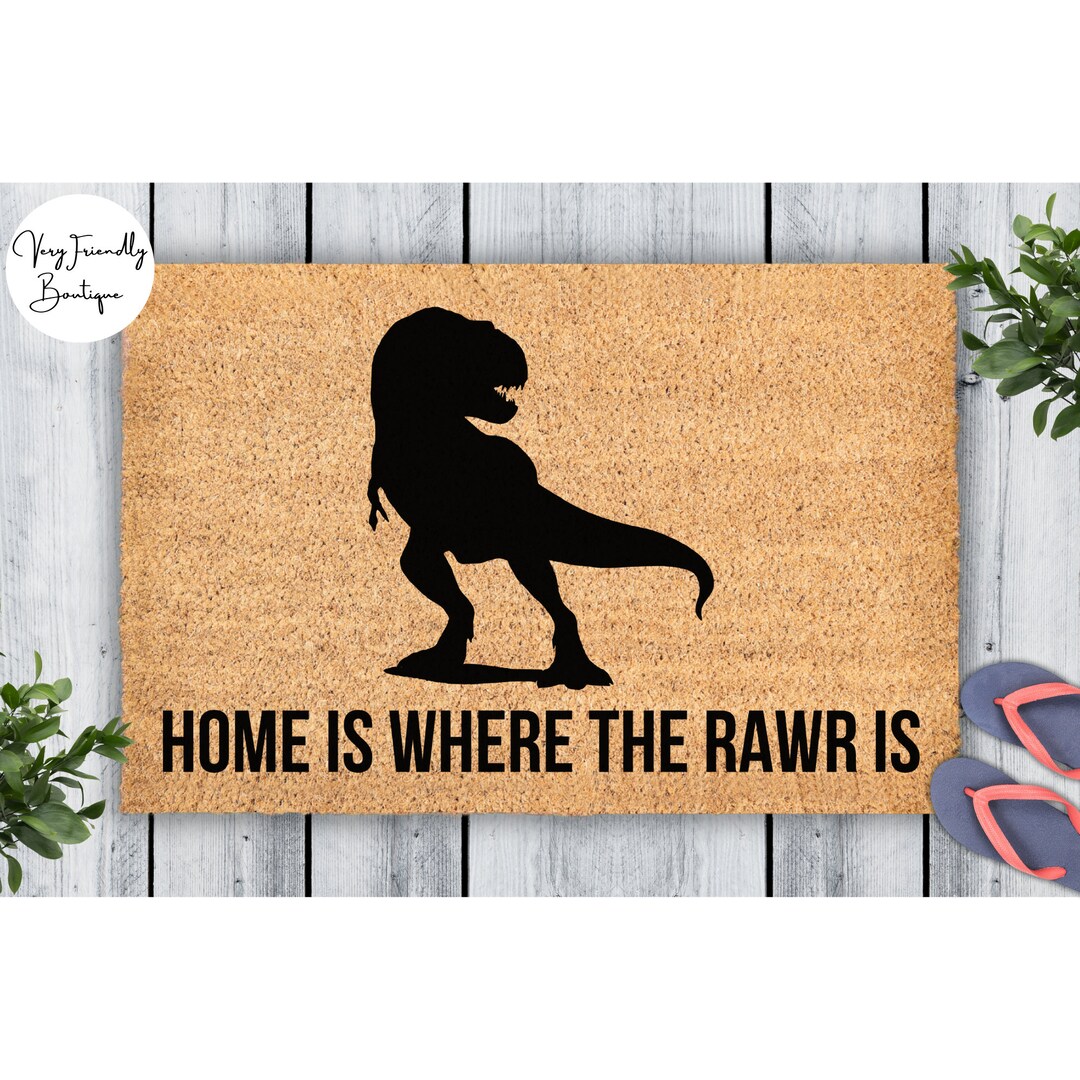 Dinosaur T-rex Door Mat Home is Where the Rawr is Doormat - Funny ...