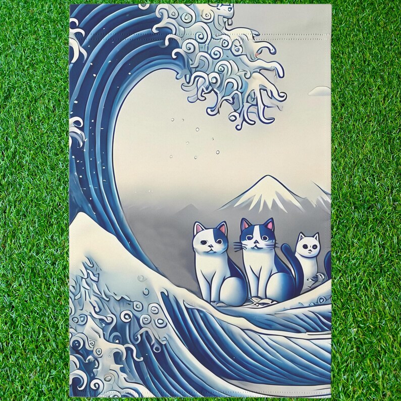 Blue Wave Cat for Kamala Garden Flag Banner, Japanese Artistic Cat ...
