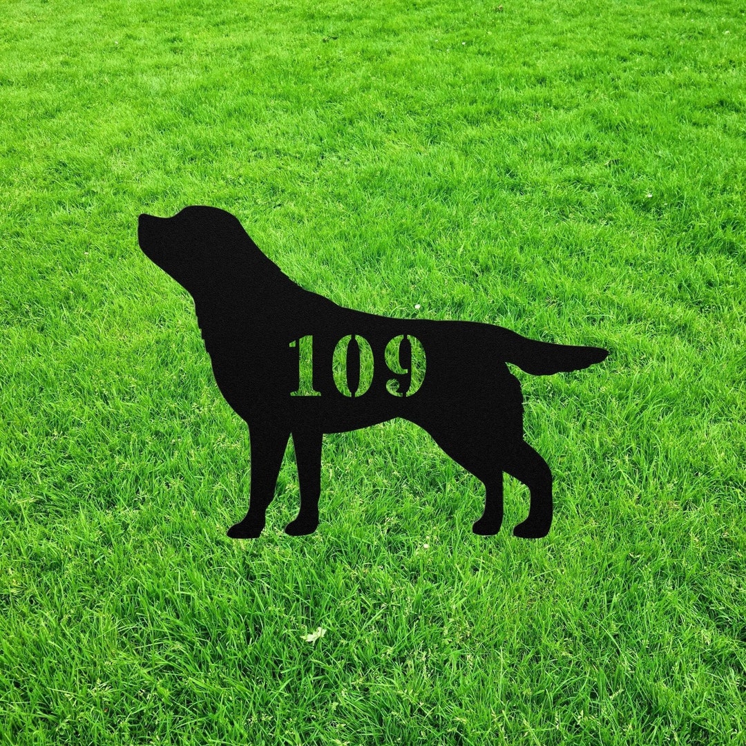Black Lab House Number Sign Yard Address Plaque Garden Lawn Stake Metal ...