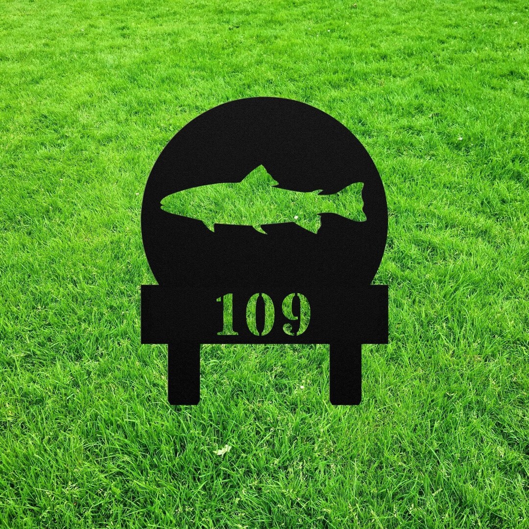 Trout Fishing House Number Sign Yard Address Plaque Garden Lawn Stake ...