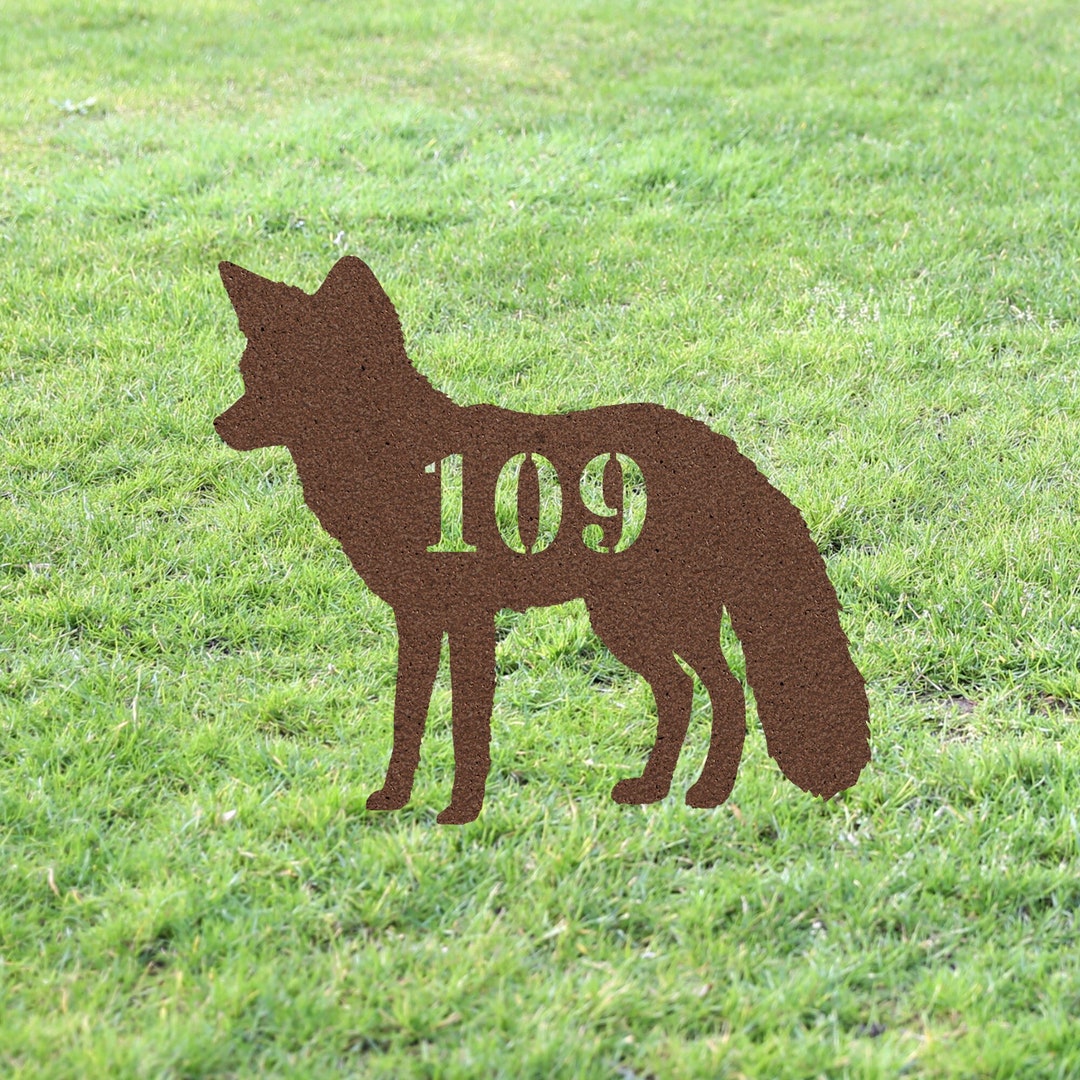 Red Fox House Number Sign Yard Address Plaque Garden Lawn Stake Metal ...