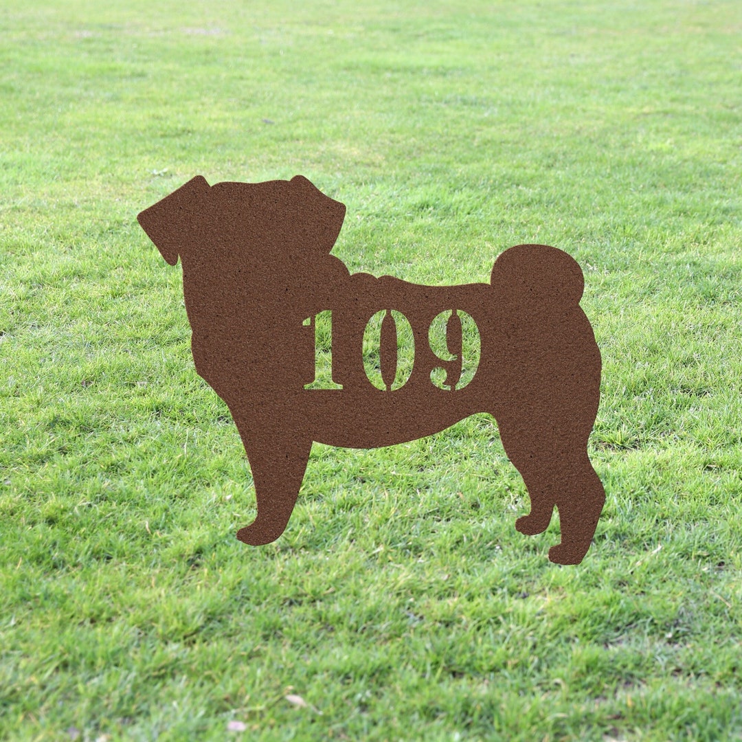 Pug House Number Sign Yard Address Plaque Garden Lawn Stake Metal Last ...