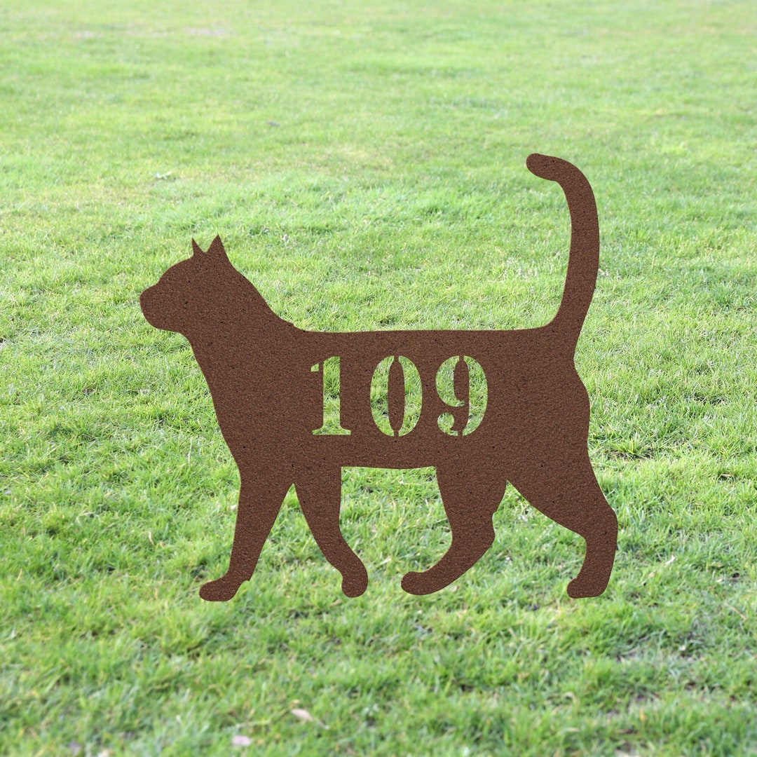 Cat House Number Sign Yard Address Plaque Garden Lawn Stake Metal Last ...