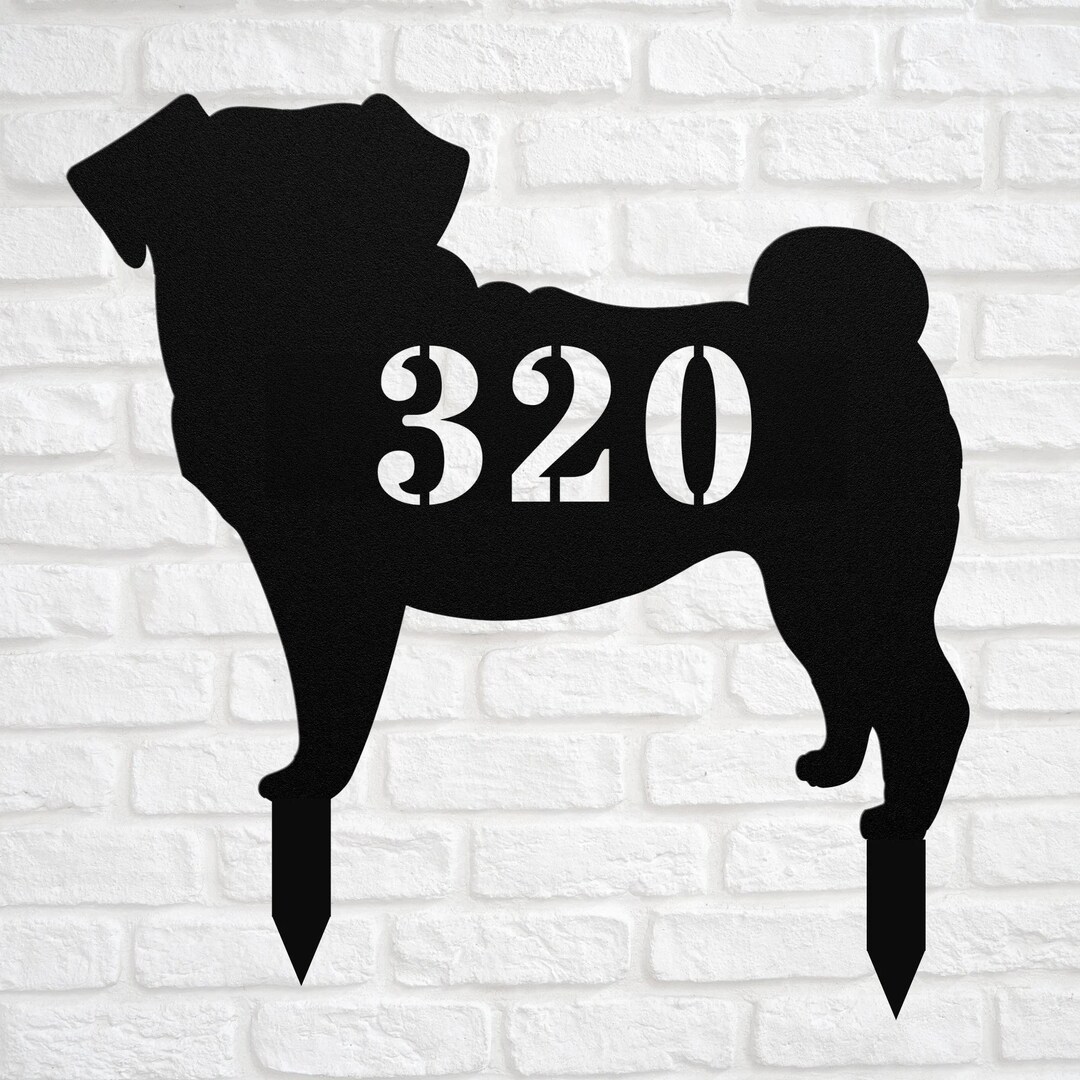 Pug House Number Sign Yard Address Plaque Garden Lawn Stake Metal Last ...