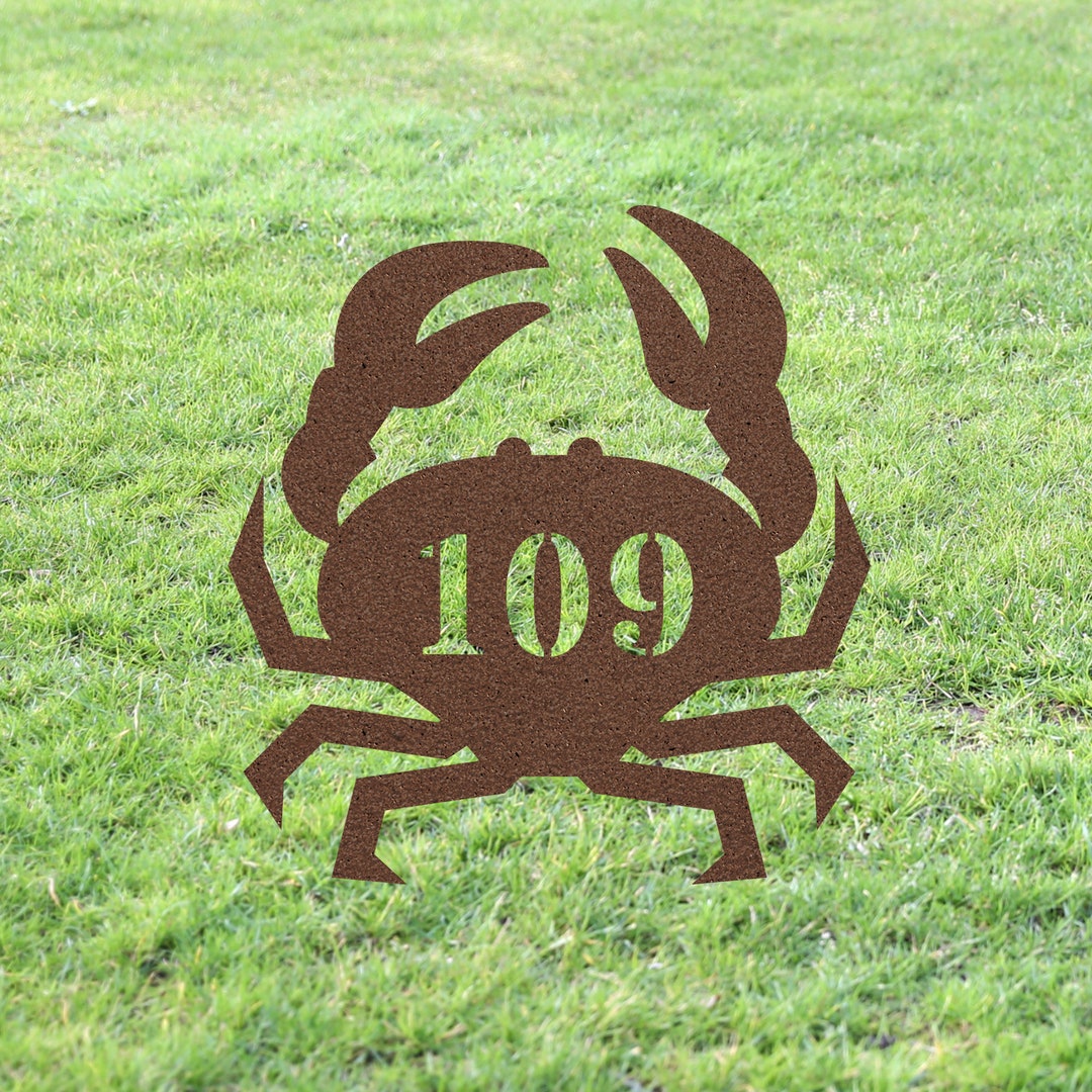 Crab House Number Sign Yard Address Plaque Garden Lawn Stake Metal Last ...