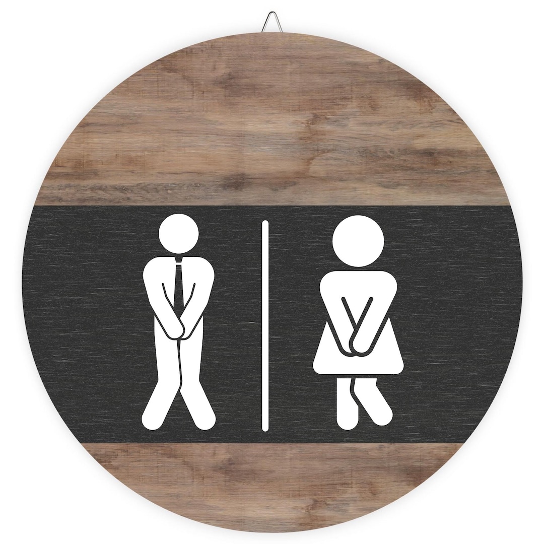Funny Man Woman With Crossed Legs Sign Gender Neutral Bathroom Wood ...