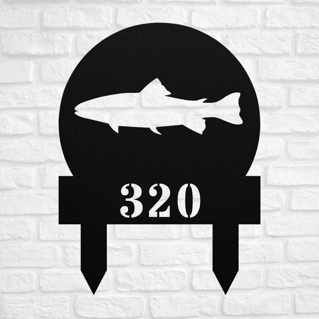 Trout Fishing House Number Sign Yard Address Plaque Garden Lawn Stake ...