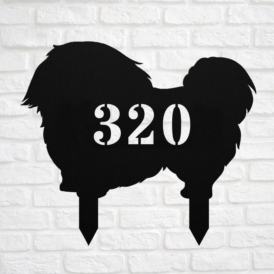 Pekingese House Number Sign Yard Address Plaque Garden Lawn Stake Metal ...