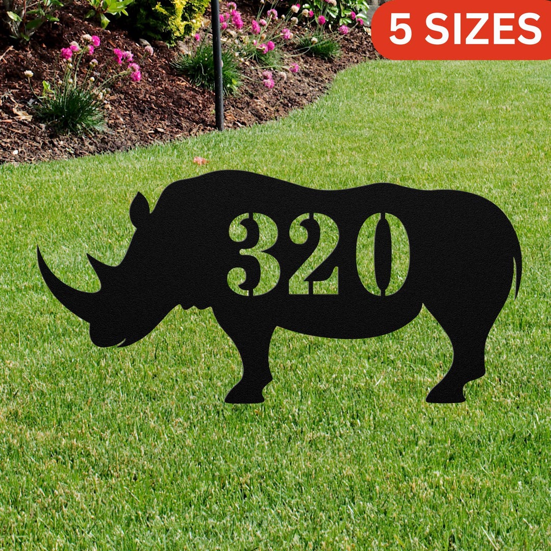 Personalized Rhino Address Yard Sign, Rhino Metal Garden Statue Stake ...