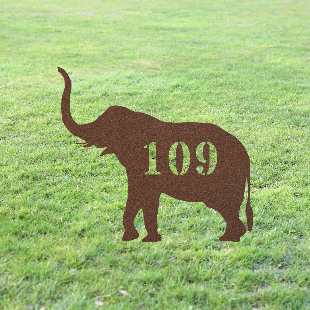 Elephant House Number Sign Yard Address Plaque Garden Lawn Stake Metal ...